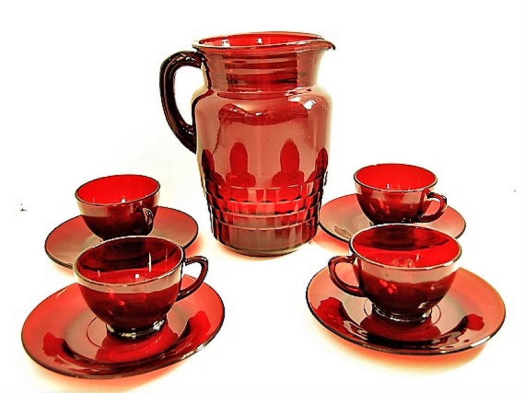 Ruby Red Pitcher With Cups & Saucers From Anchor Hocking - Etsy