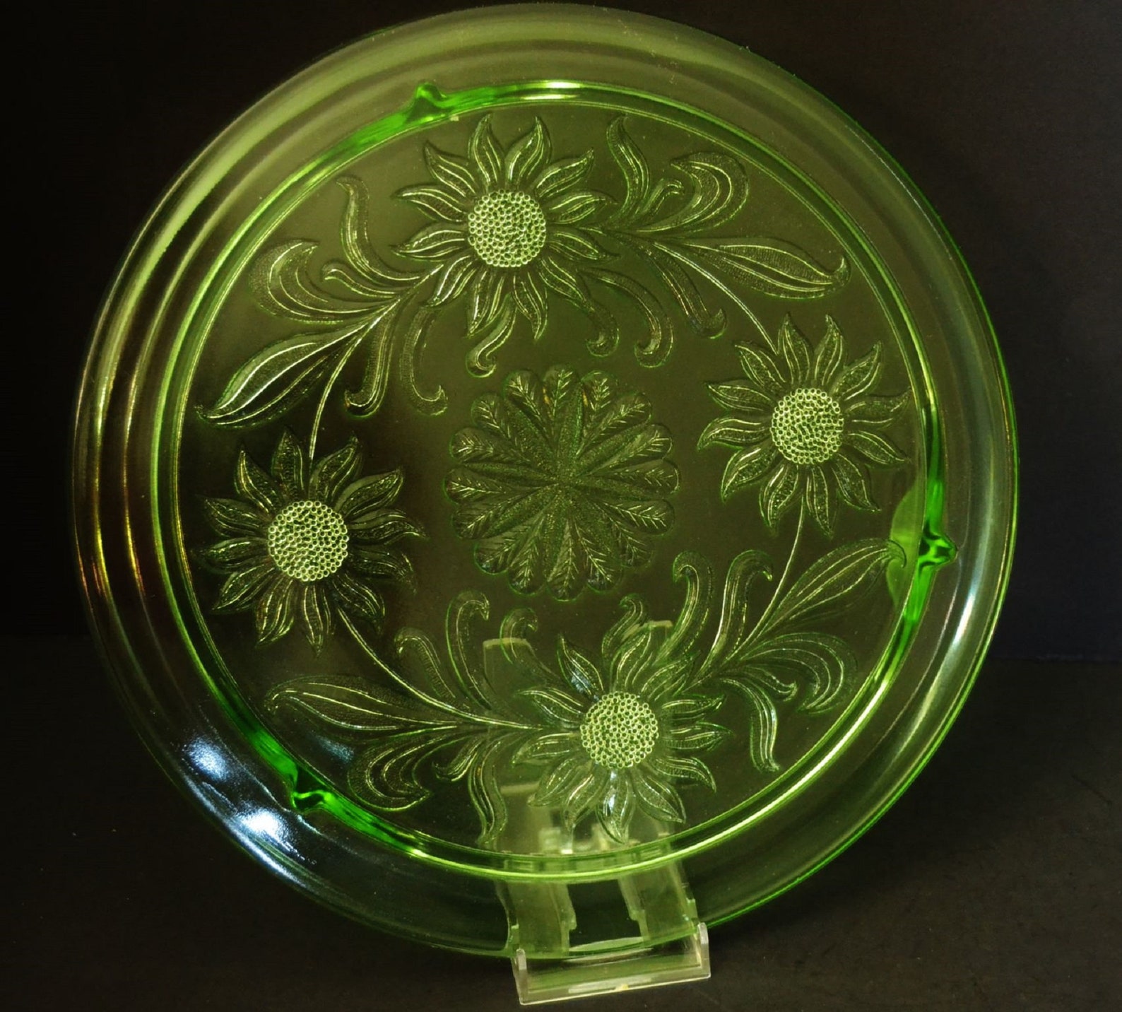Sunflower Vaseline Glass Cake Plate - Jeannette Depression Glass - Etsy