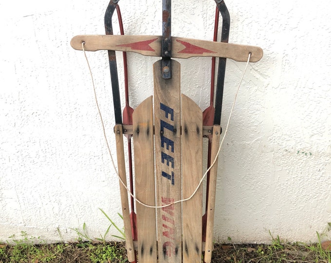 Vintage Fleet Wing Wood Snow Sled Children's Toy Red Metal Base Blue ...