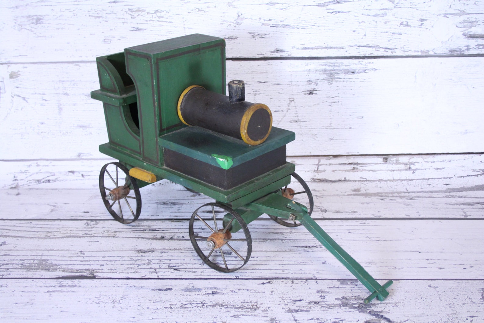 Vintage Solid Wood Train Toy Pull Car Classic Green Railroad | Etsy