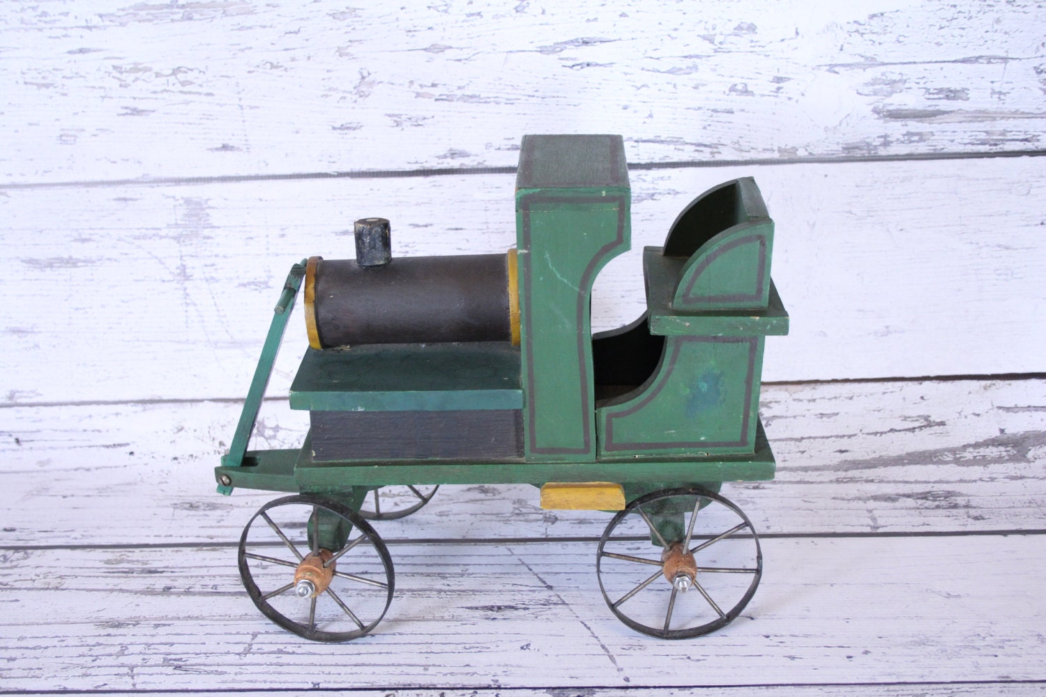 Vintage Solid Wood Train Toy Pull Car Classic Green Railroad | Etsy