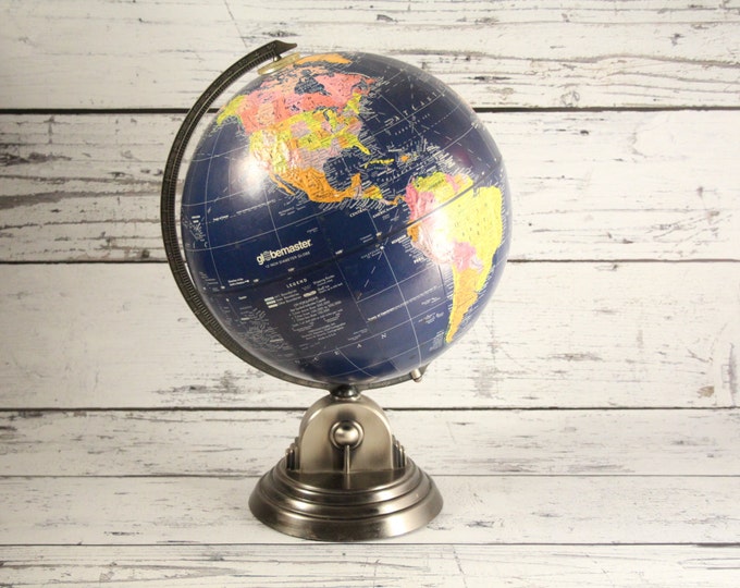 Vintage Globemaster Deep Blue Globe | World Map | Antique Pewter Color ...