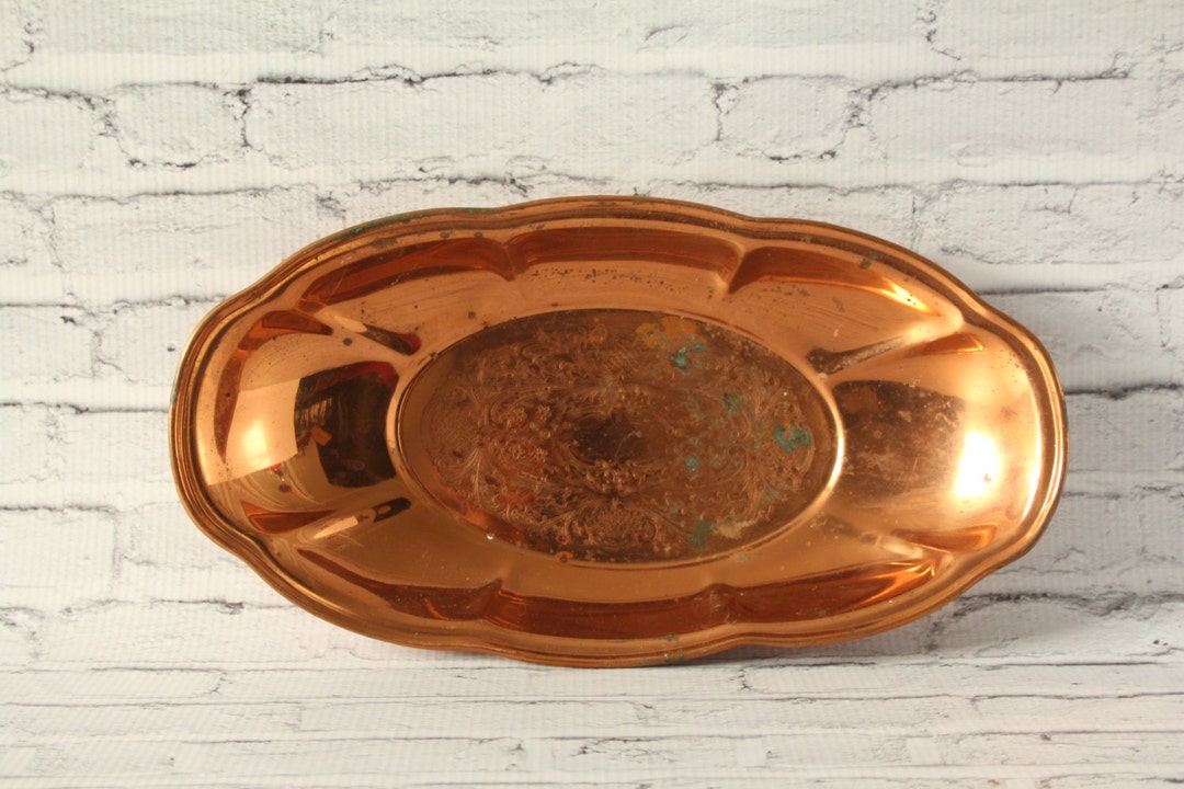 Vintage Oblong Copper Serving Tray | Floral Engraved | Etched Flower ...
