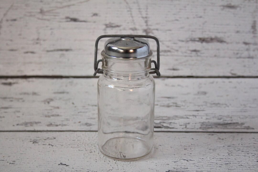 Vintage Glass Canister Shaker Wire Bail Clear Silver Metal Top Large ...