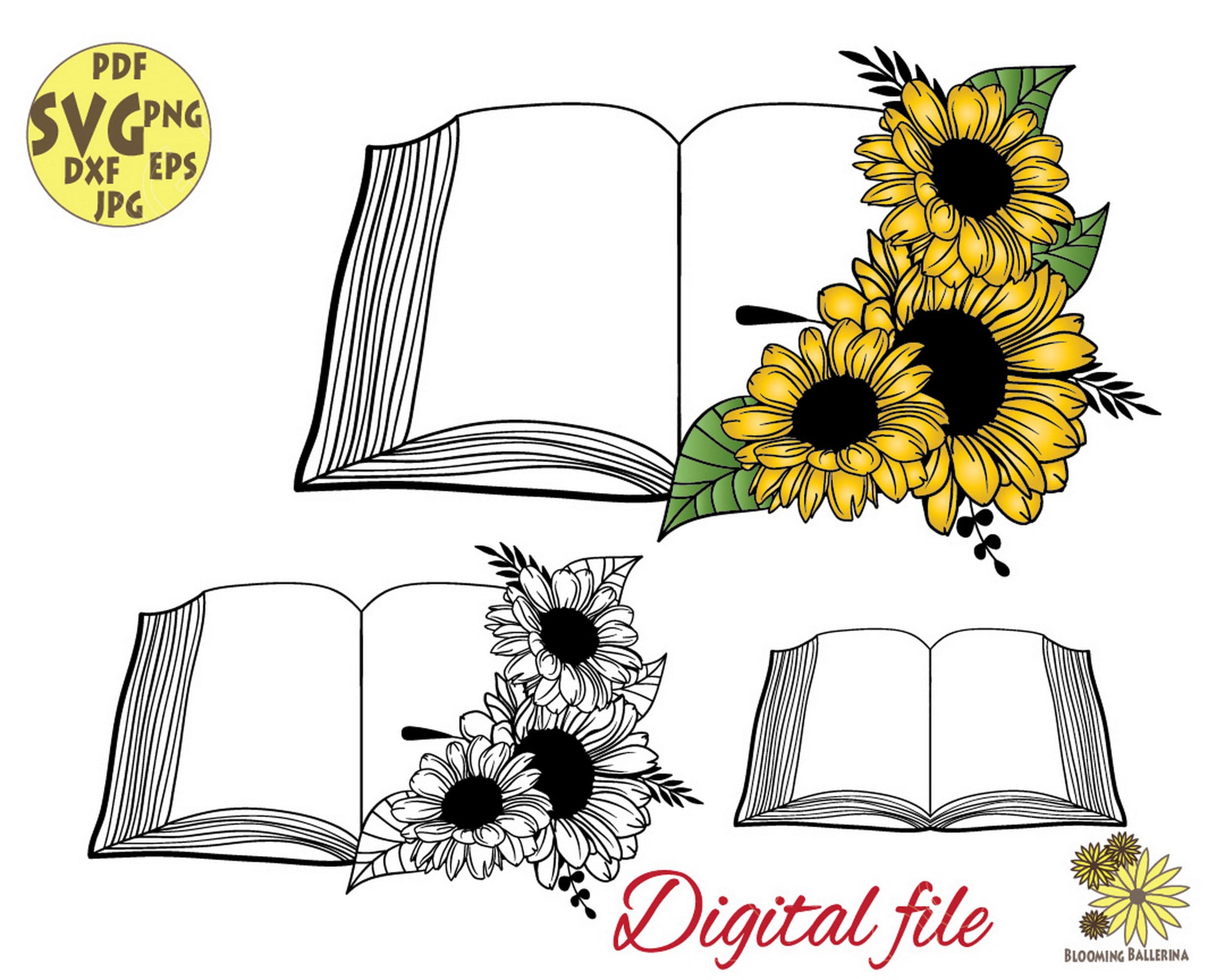 Flower Book With Sunflowers Svg, Floral Open Book Svg File, Reading Svg ...