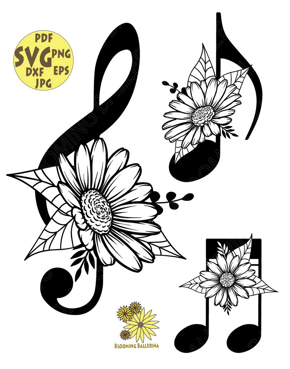 Music Svg, Sol Key Svg, Floral Svg, Daisy Svg, Musical Notes Clipart ...