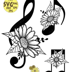 Music Svg, Sol Key Svg, Floral Svg, Daisy Svg, Musical Notes Clipart ...
