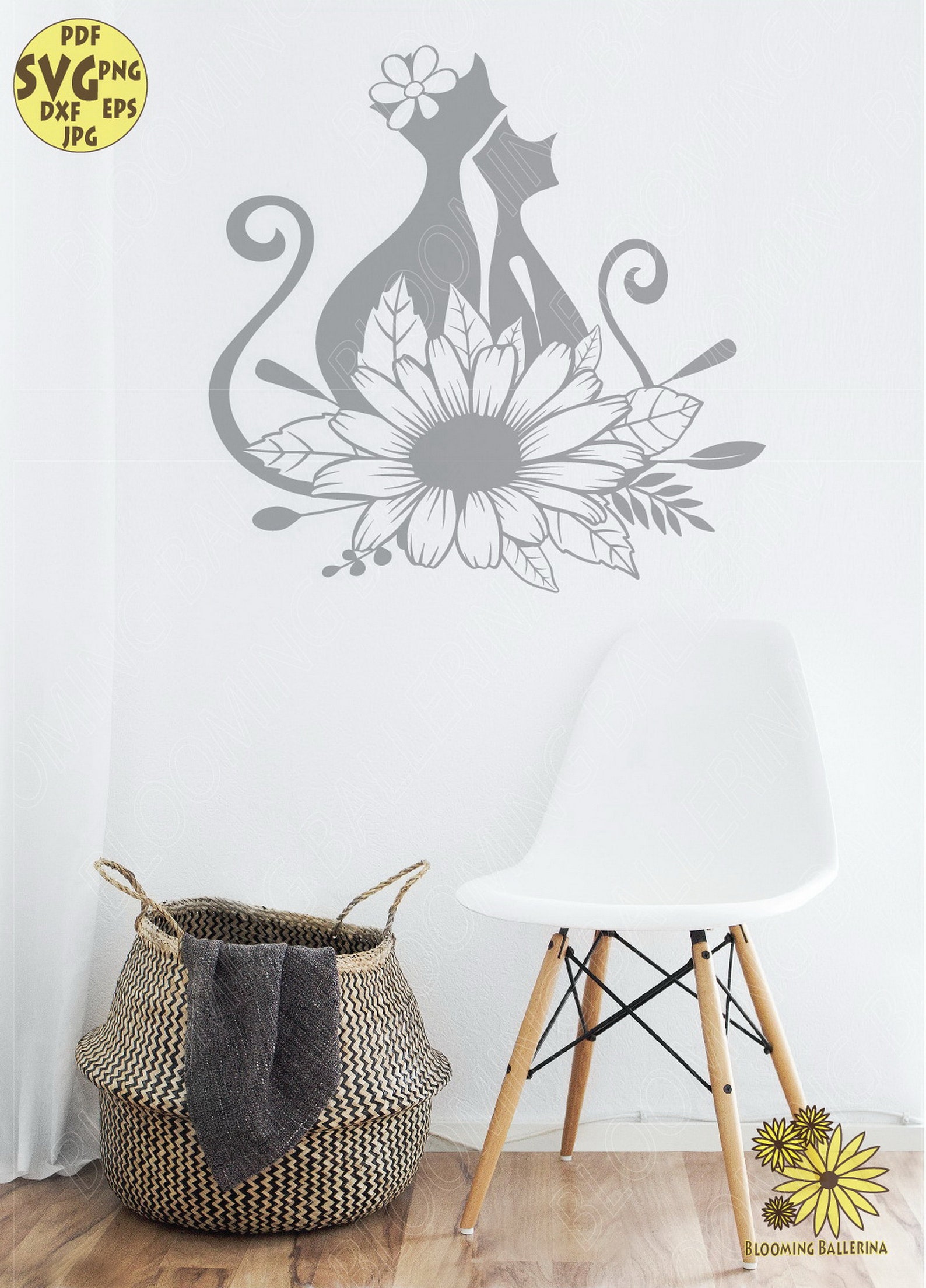 Flower Cats Svg Flower Cat Silhouette Daisy and Leaves Svg - Etsy