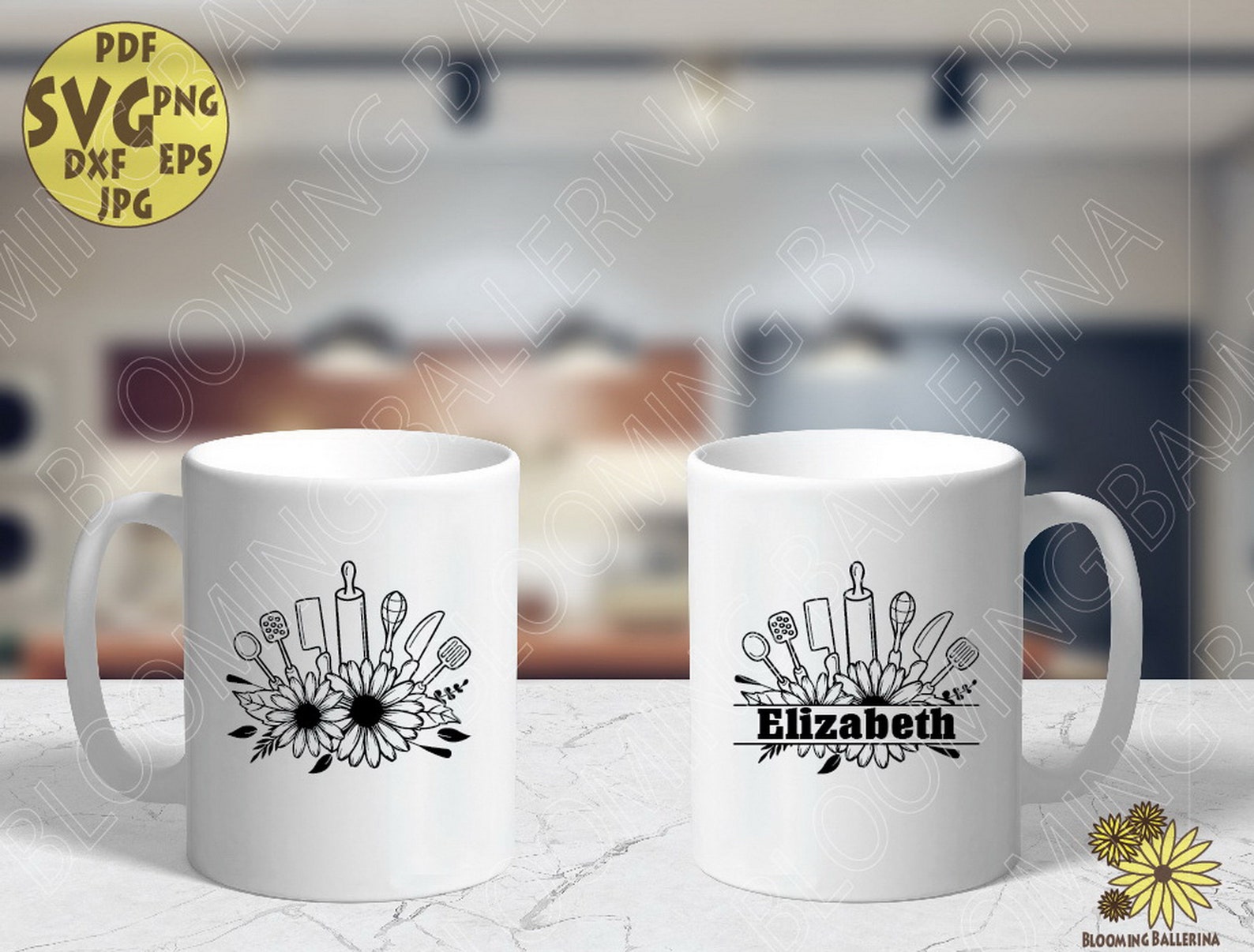 Flower Kitchen Utensils With Daisies and Leaves Svg File, Kitchen Svg ...