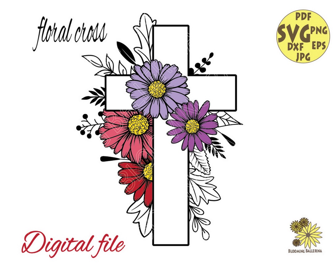 Floral Cross Svg File, Cross With Colored Daisies and Leaves Digital ...