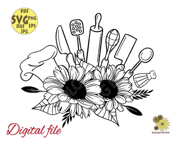 Flower Kitchen Utensils With Chef Hat Sunflowers and Leaves - Etsy