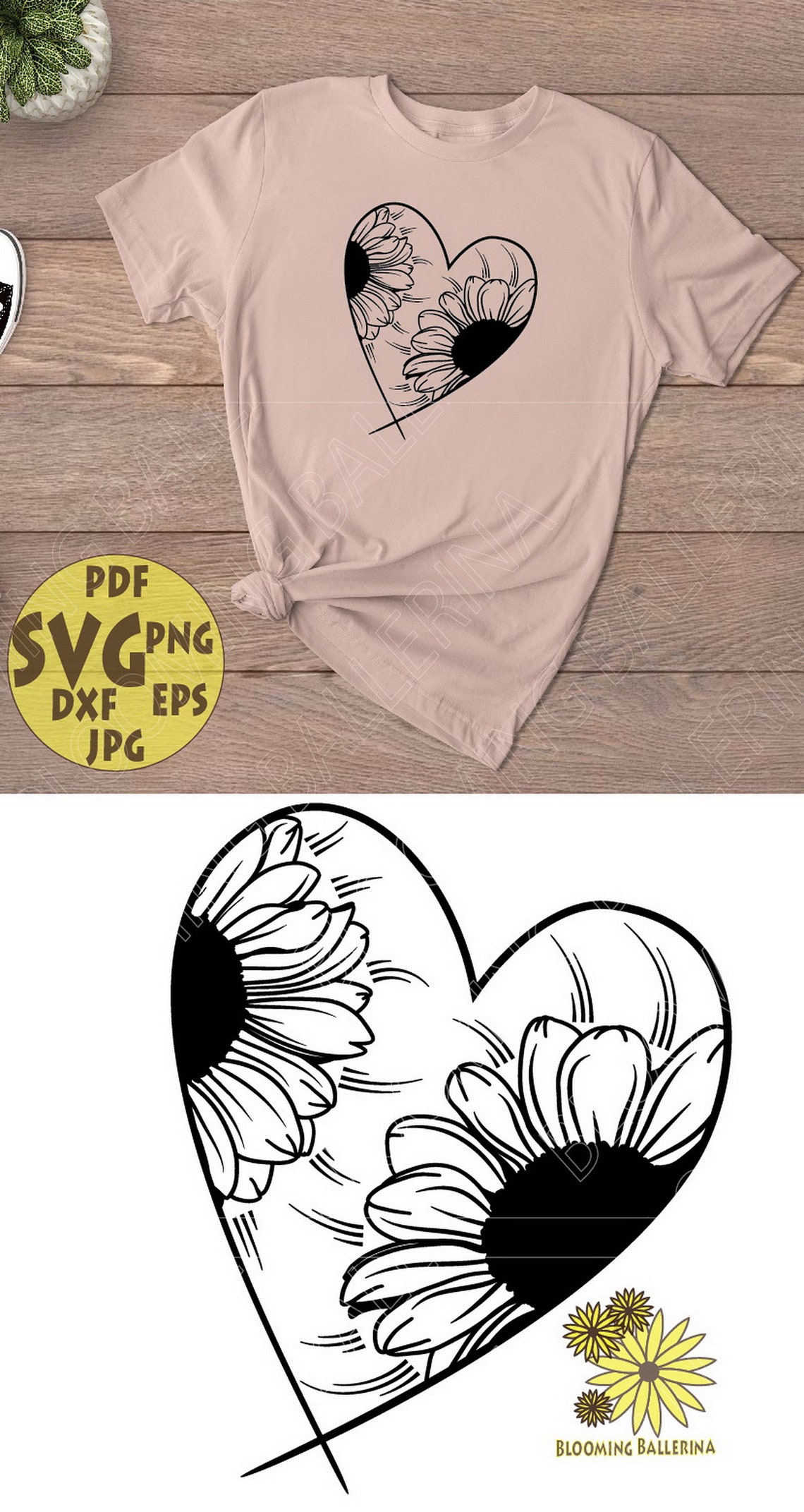 Heart With Sunflowers Svg Sunflower Svg Botanical Heart Svg - Etsy