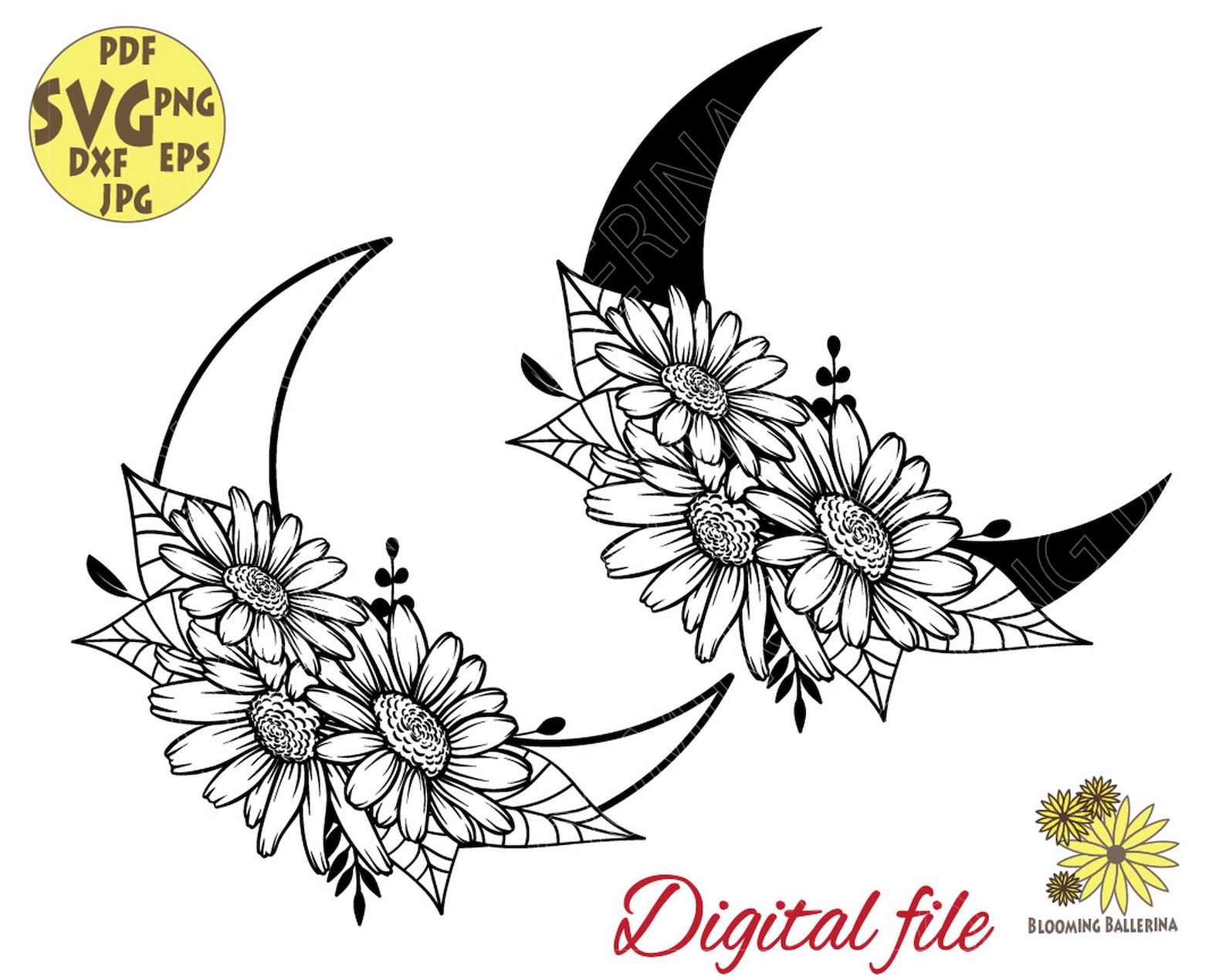 Moon With Daisy Flowers and Leaves Svg File Flower Moons Svg - Etsy