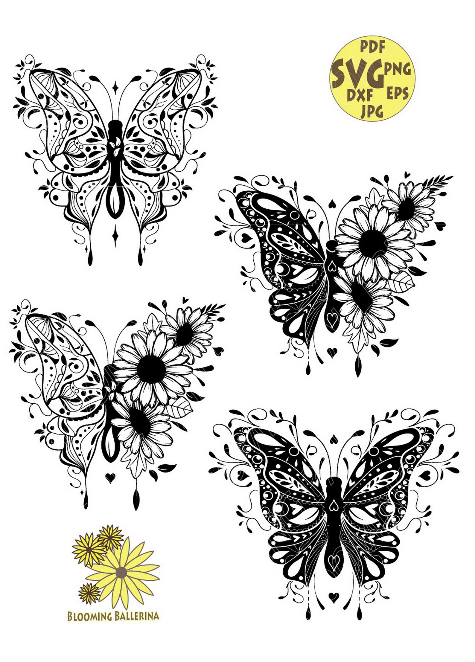 Flower Butterfly With Daisy and Leaves Svg File Bundle | Etsy