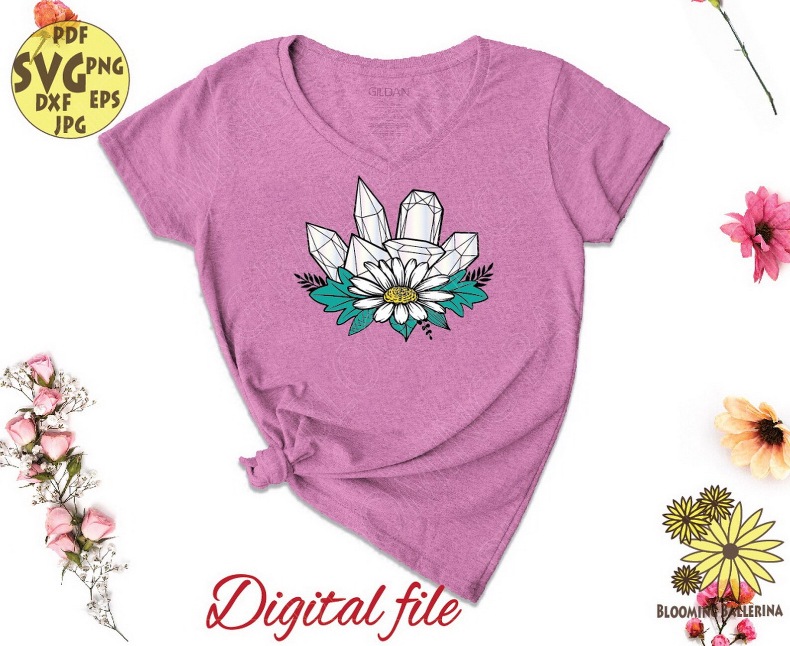 Crystal With Flowers and Leaves Svg File, Crystals Svg, Flower Crystal ...