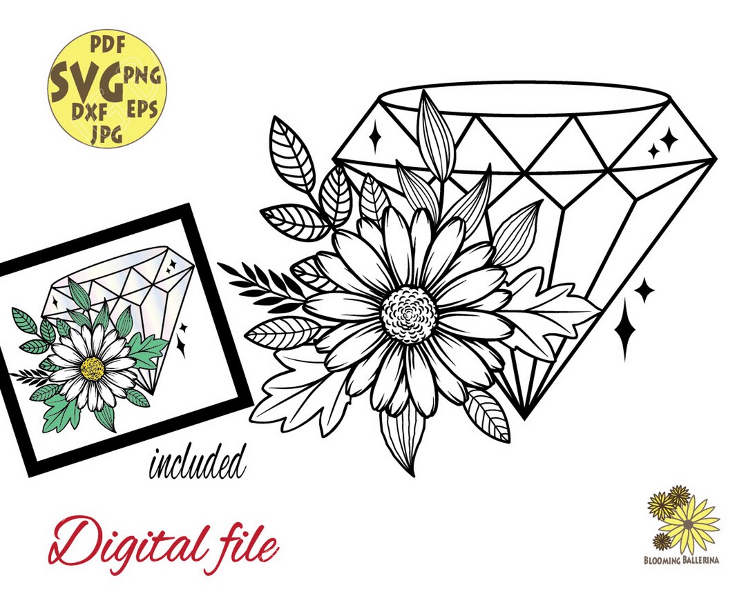 Crystal With Daisy Flower Svg, Leaves and Stars Svg File,flower Diamond ...