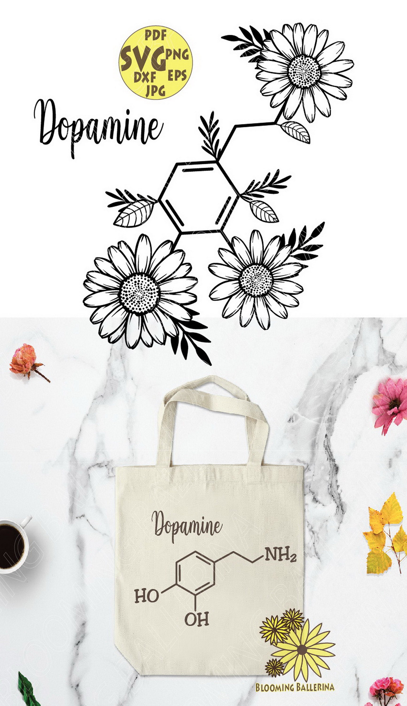 Floral Dopamine Svg, Dopamine Molecule With Daisies Svg, Pleasure ...