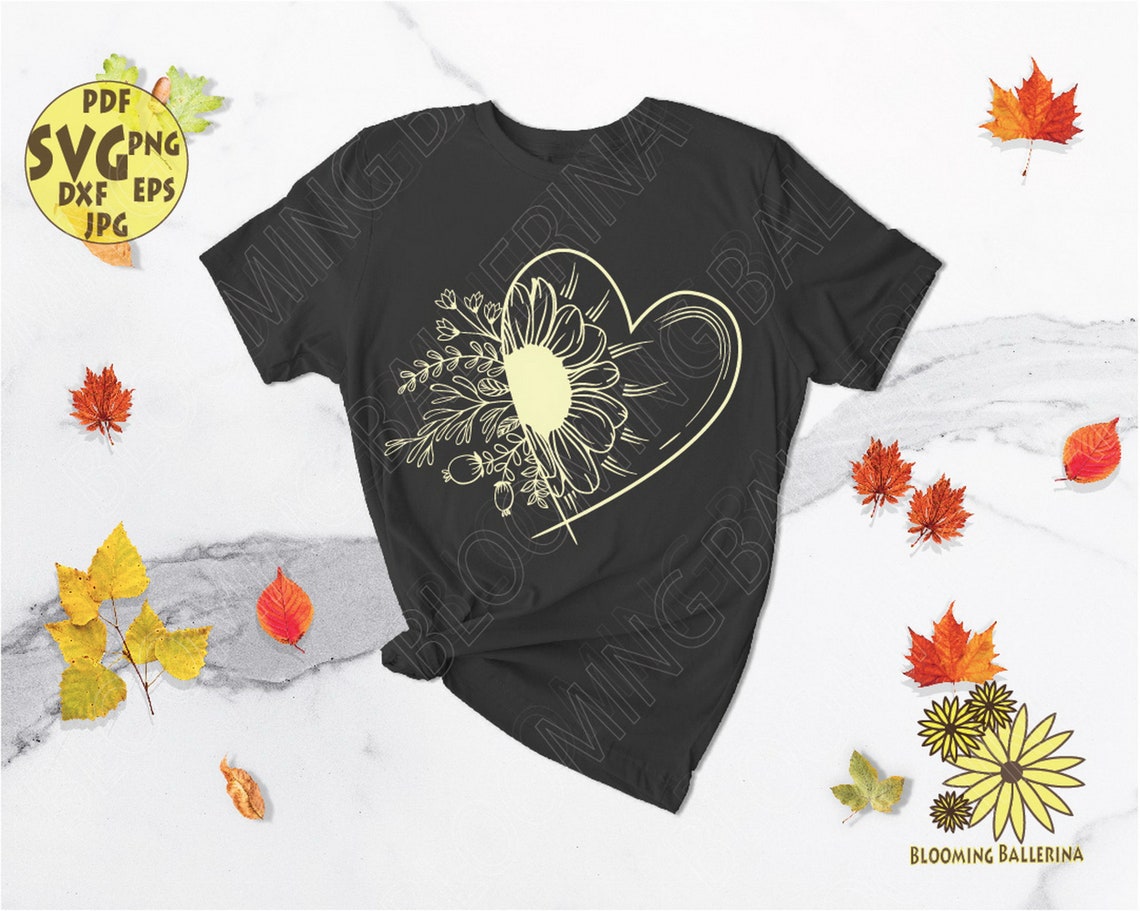 Sunflower Heart Svg Botanical Heart Svg Half Sunflower With - Etsy