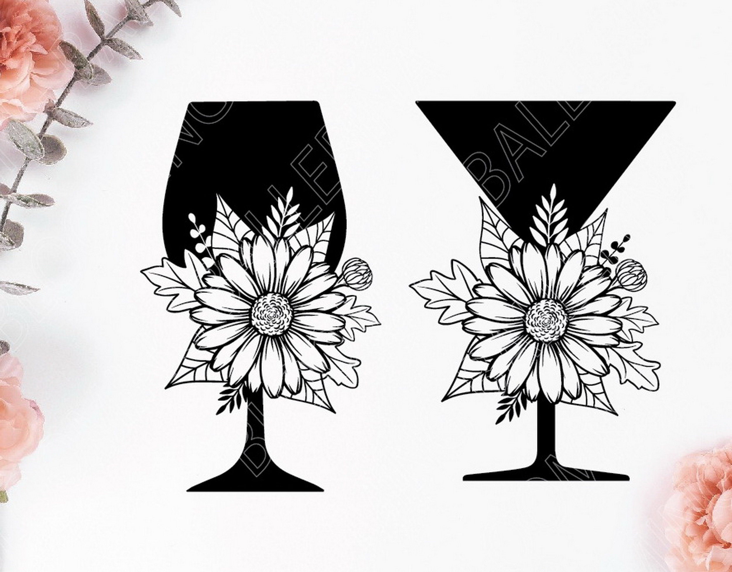Wine Glass Svg, Cocktail Glass Svg, Floral Svg, Drinking Svg, Daisy Svg ...