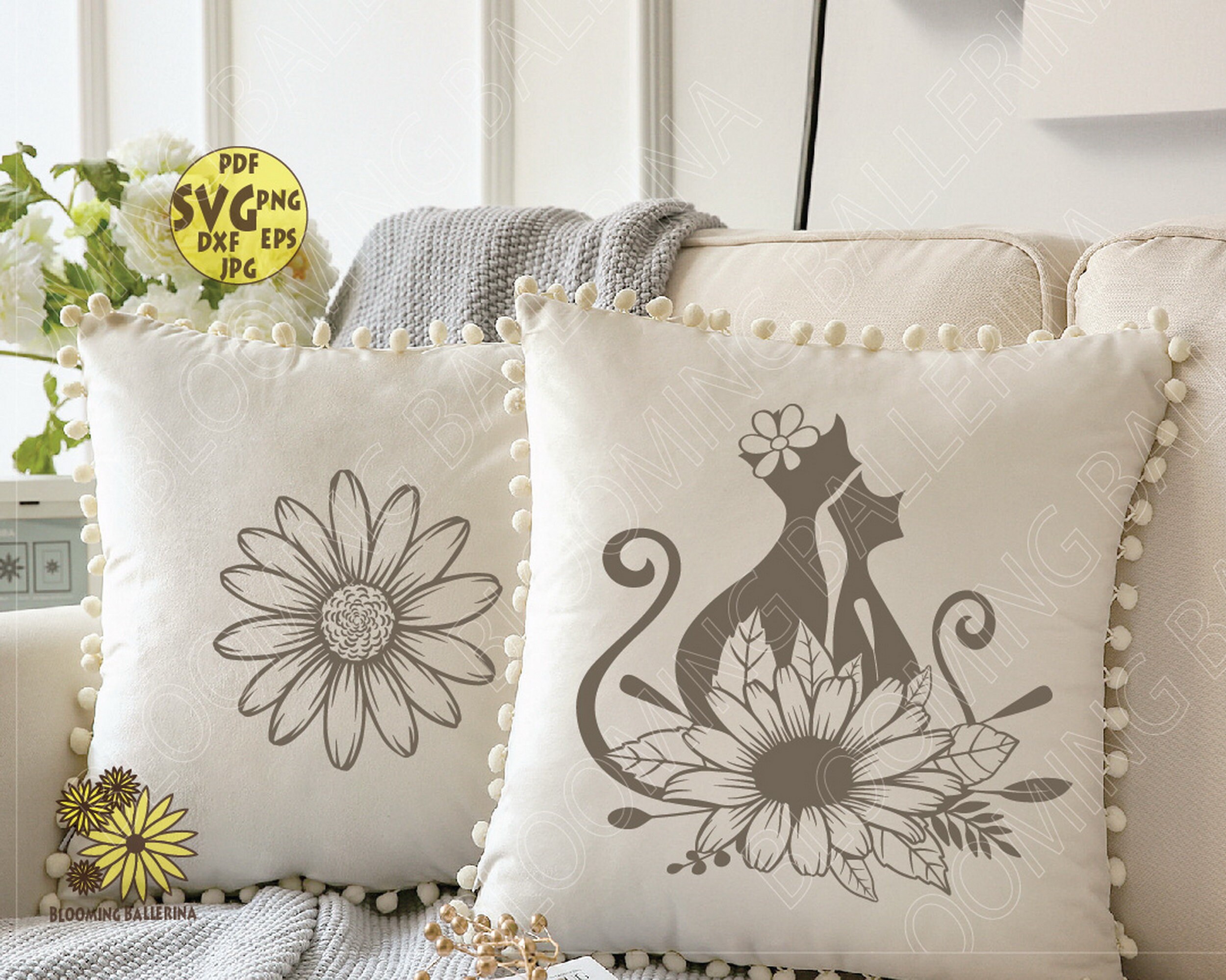 Flower Cats Svg, Flower Cat Silhouette, Daisy and Leaves Svg File ...