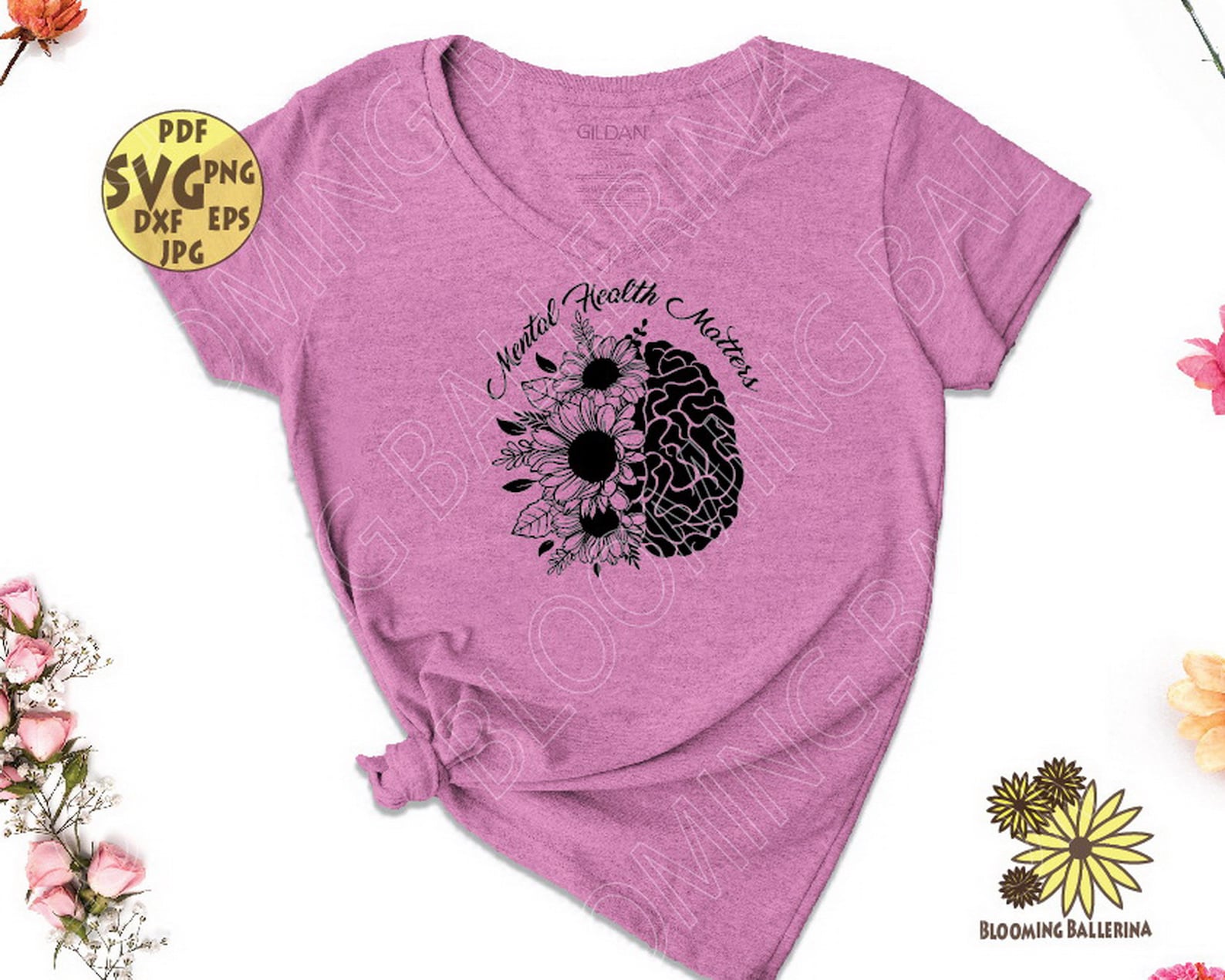 Flower Mental Health Matters Bundle With Human Brain Sunflowers Buds ...