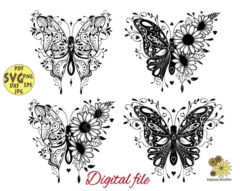 Flower Butterfly With Daisy and Leaves Svg File Bundle | Etsy