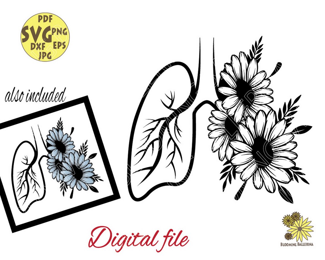 Floral Human Lungs With Daisies and Leaves Svg File, Daisy Svg, Just ...