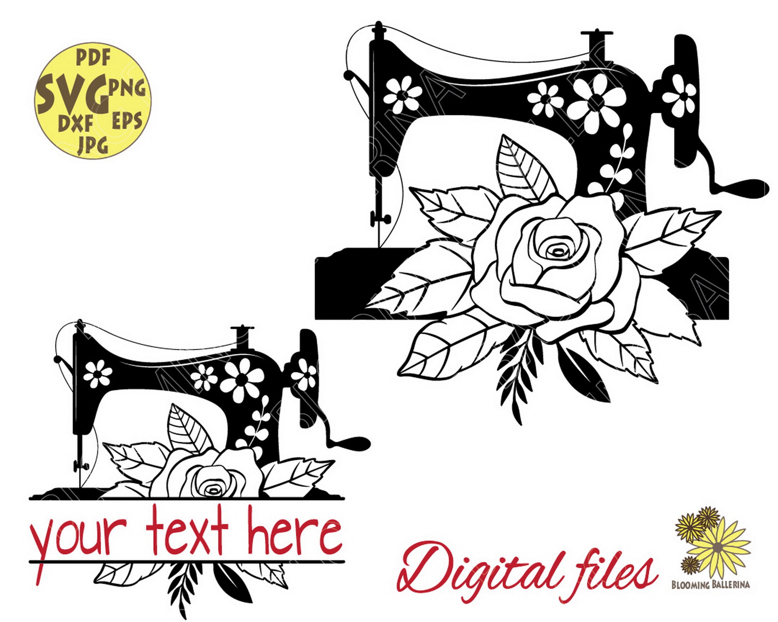 Floral Sewing Machine Monogram with Roses and Leaves svg file | Etsy