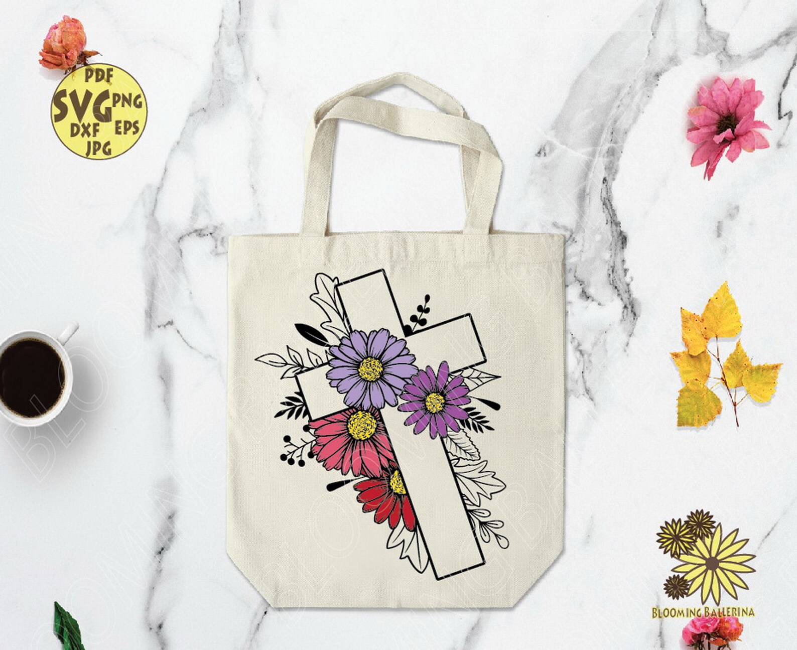 Floral Cross svg file Cross with colored daisies and leaves | Etsy
