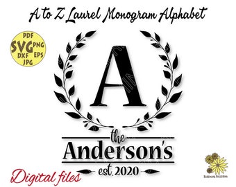 Laurel Alphabet Svg, A to Z Alphabet Laurel Leaf With Initial Monogram ...