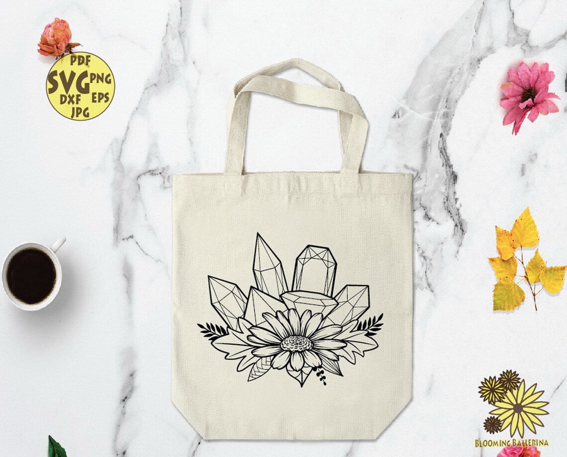 Crystal With Flowers and Leaves Svg File, Crystals Svg, Flower Crystal ...