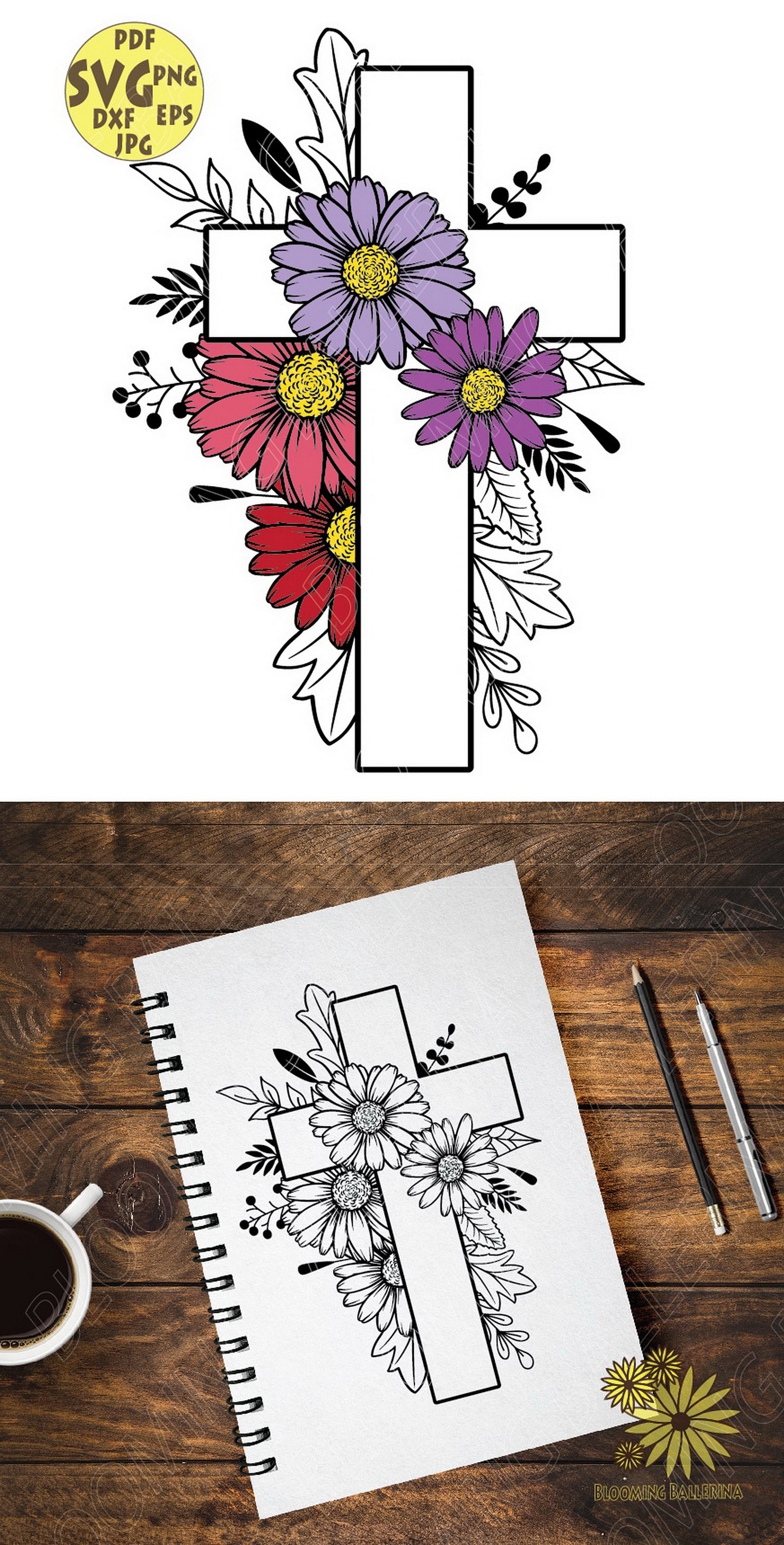 Floral Cross svg file Cross with colored daisies and leaves | Etsy