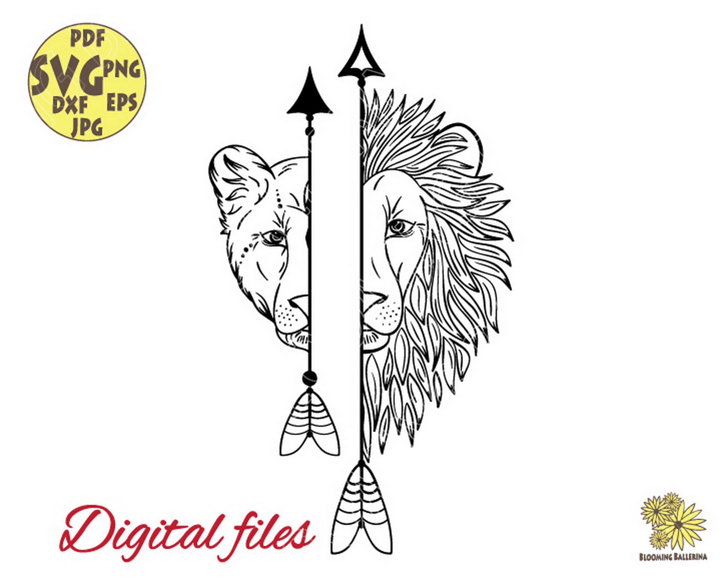 Arrow Lion Couple Svg File, Half Lion Face Svg, Half Lioness Face Svg ...