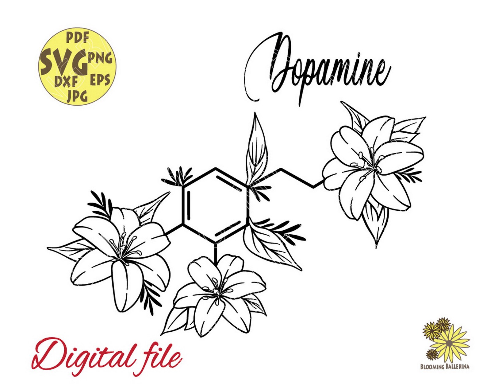 Floral Dopamine Svg Dopamine Molecule With Lilies Svg - Etsy