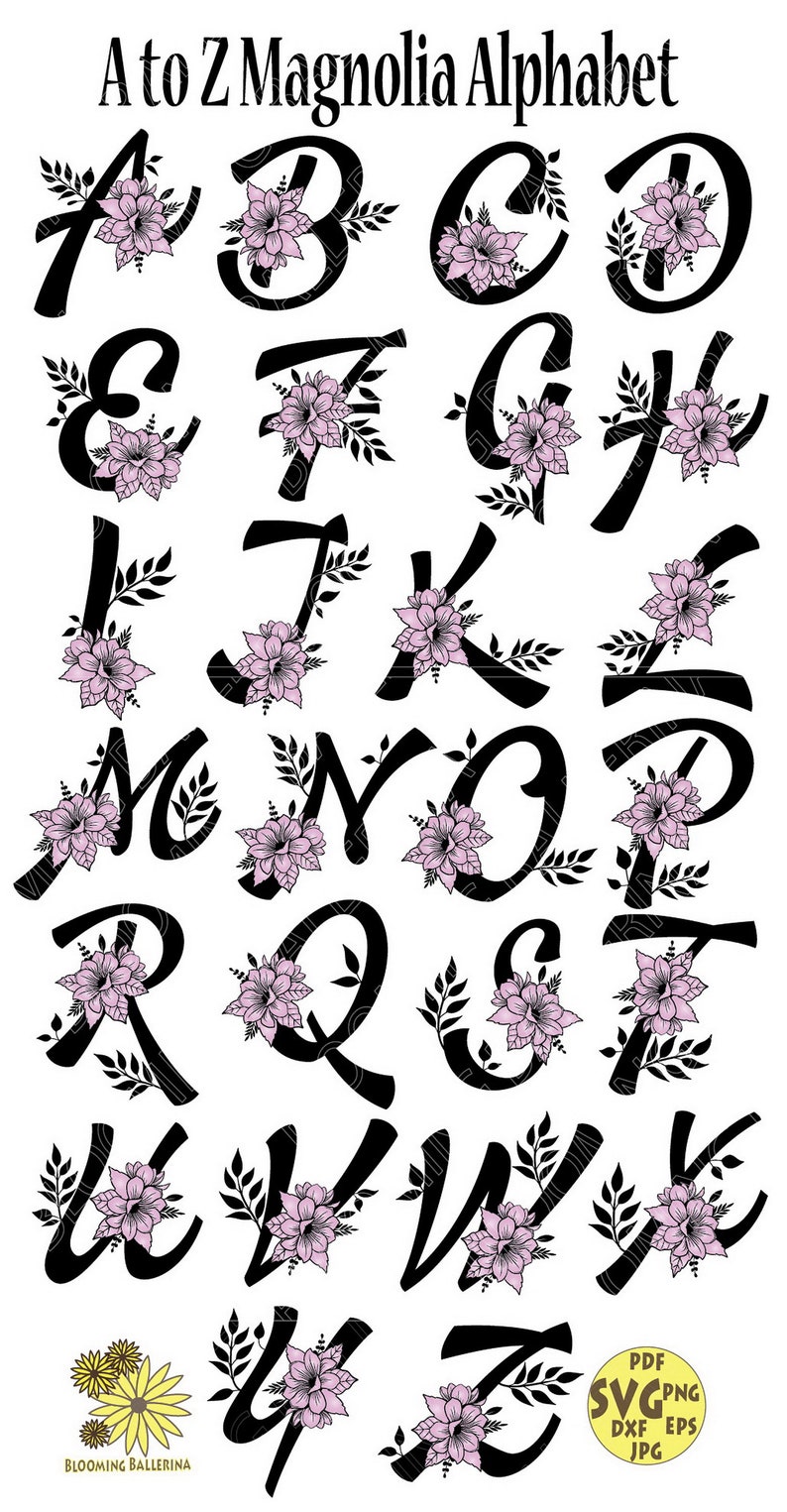 Floral A to Z Alphabet With Magnolias and Leaves Svg File, Flower 0 to ...