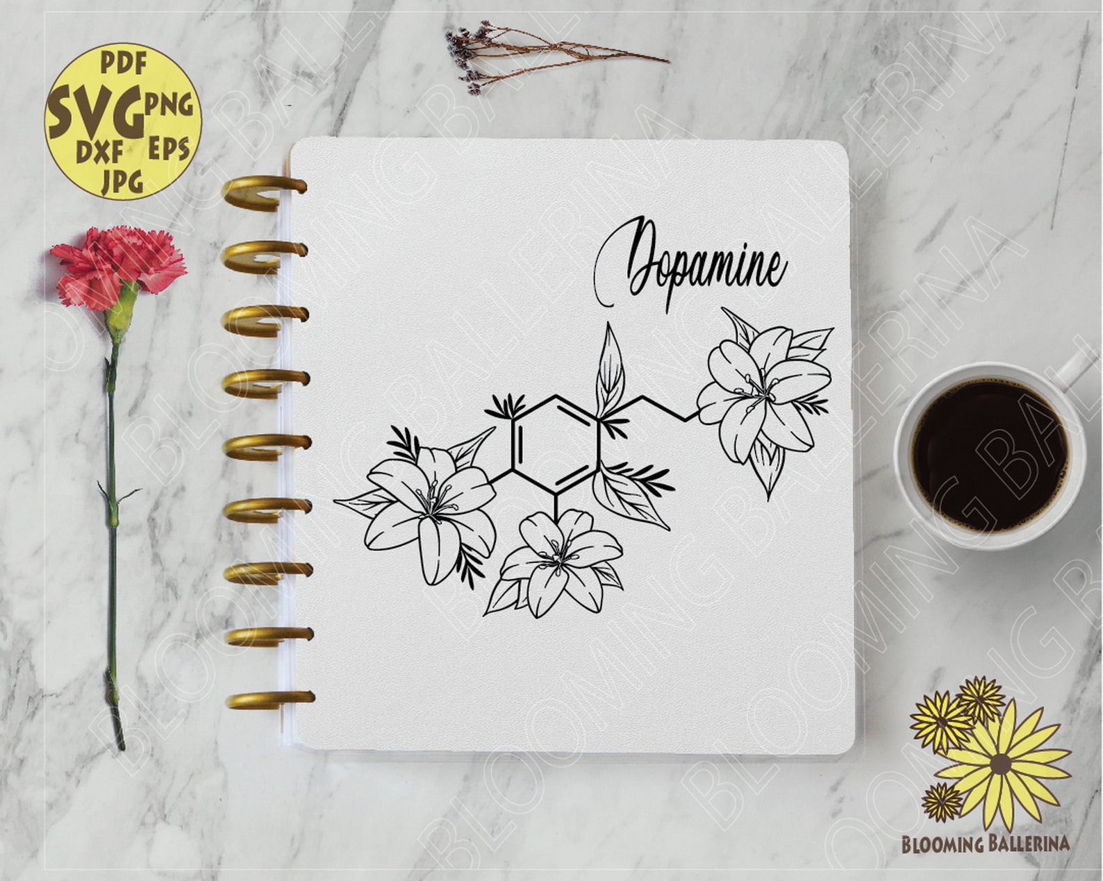 Floral Dopamine Svg Dopamine Molecule With Lilies Svg | Etsy