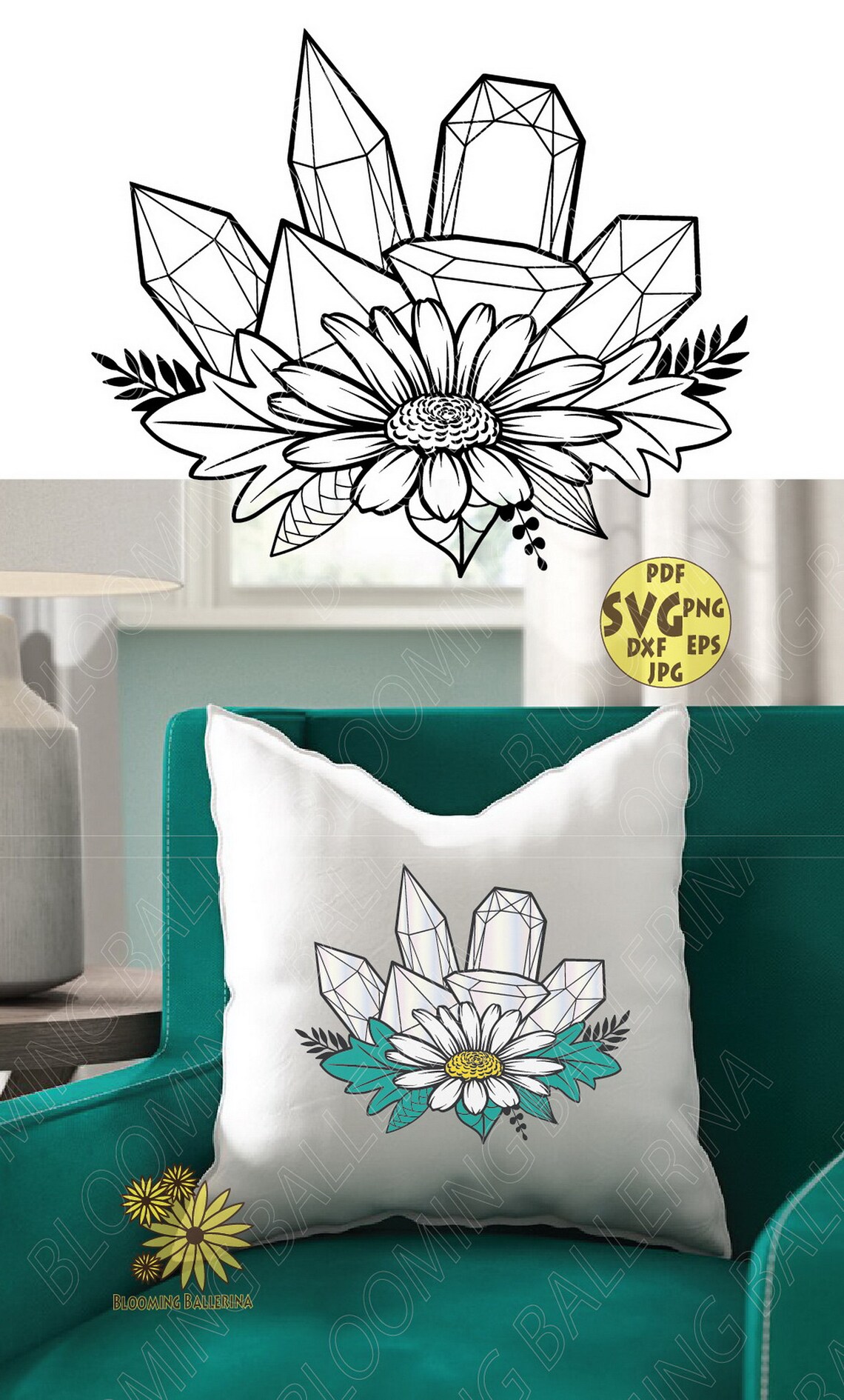 Crystal With Flowers and Leaves Svg File, Crystals Svg, Flower Crystal ...