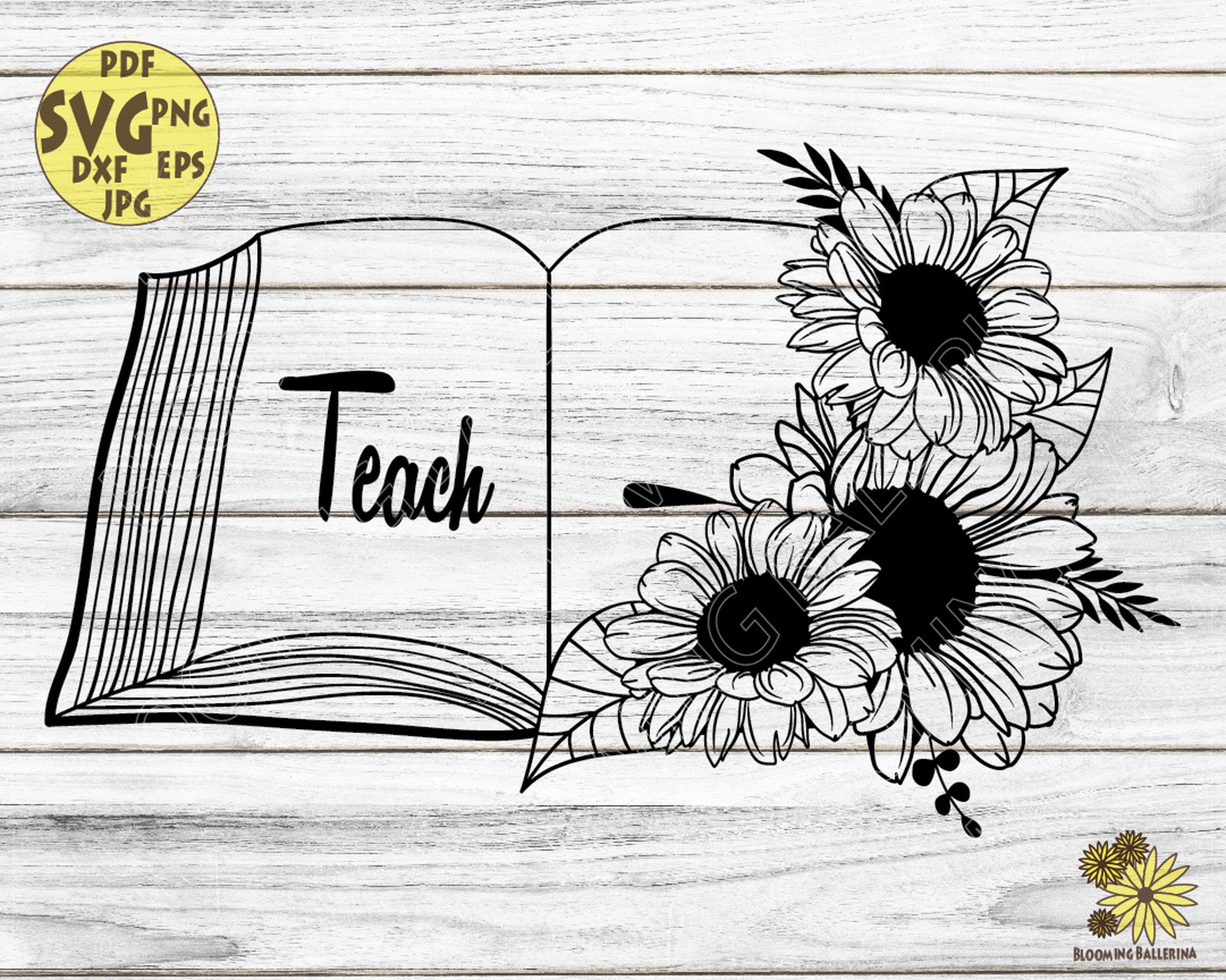 Flower Book With Sunflowers Svg, Floral Open Book Svg File, Reading Svg ...