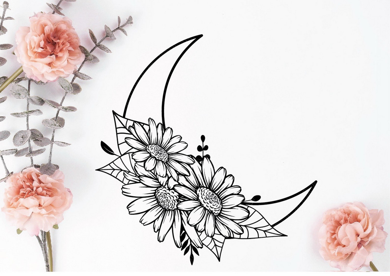 Moon With Daisy Flowers and Leaves Svg File Flower Moons Svg - Etsy Canada