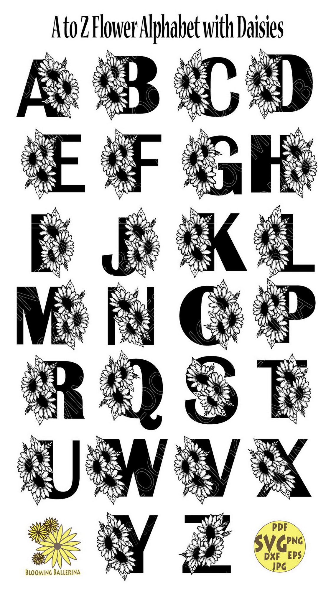 Flower A to Z Alphabet With Daisies and Leaves Svg File - Etsy