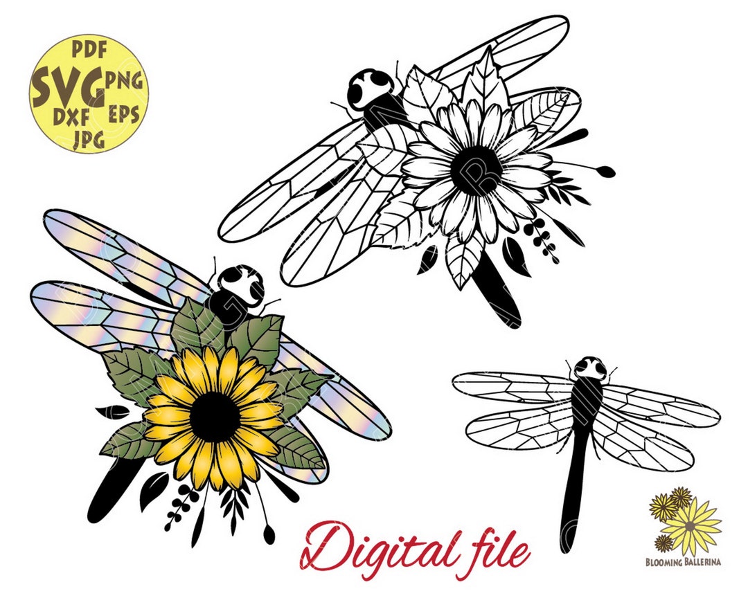 Flower Dragonfly With Daisy Buds and Leaves Svg File, Floral Dragonfly ...