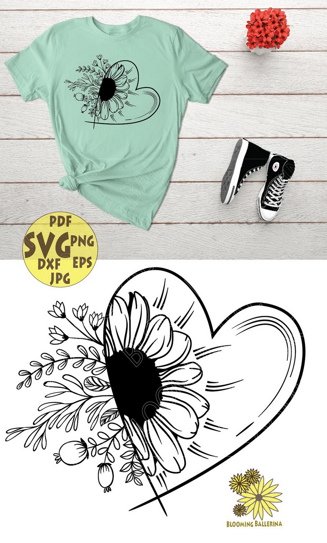 Sunflower Heart Svg Botanical Heart Svg Half Sunflower With - Etsy