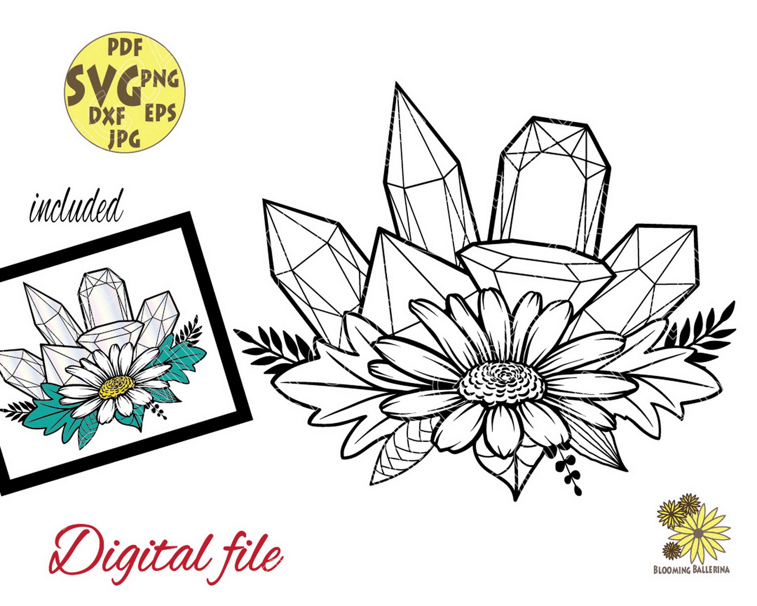 Crystal With Flowers and Leaves Svg File, Crystals Svg, Flower Crystal ...
