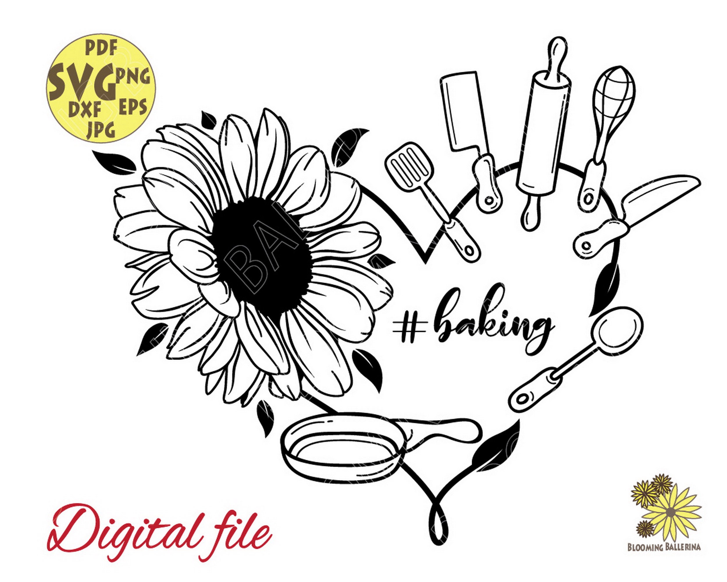 Flower Kitchen Utensils with Sunflower and Leaves Svg file | Etsy