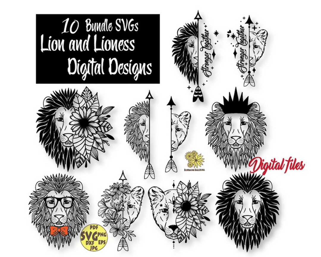 10 Designs Lion Svg, Animal Svg, Arrow Lion Couple Svg, Half Lion Face ...