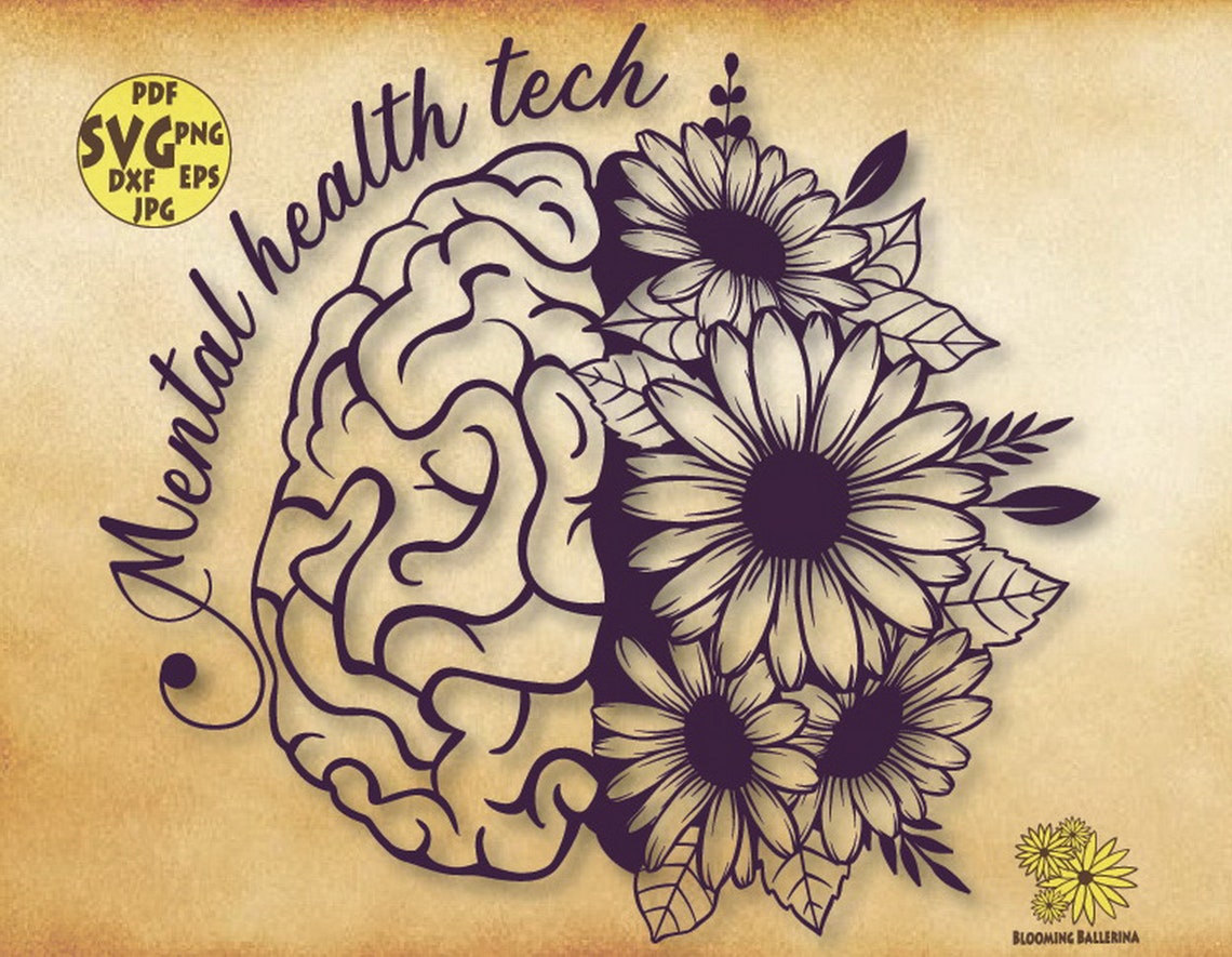Flower Mental Health Tech With Human Brain Daisies Buds and - Etsy
