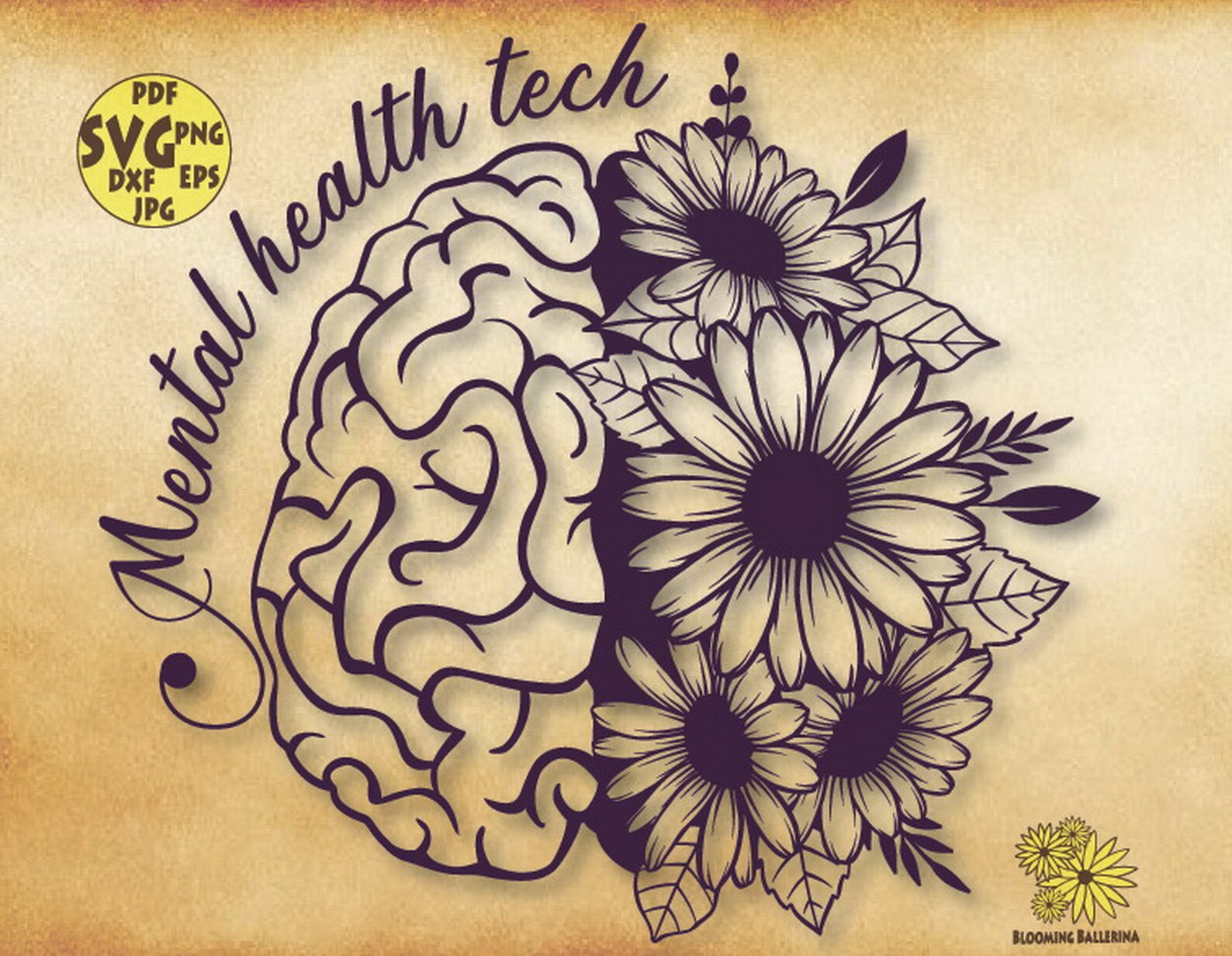 Flower Mental Health Tech With Human Brain Daisies Buds and - Etsy