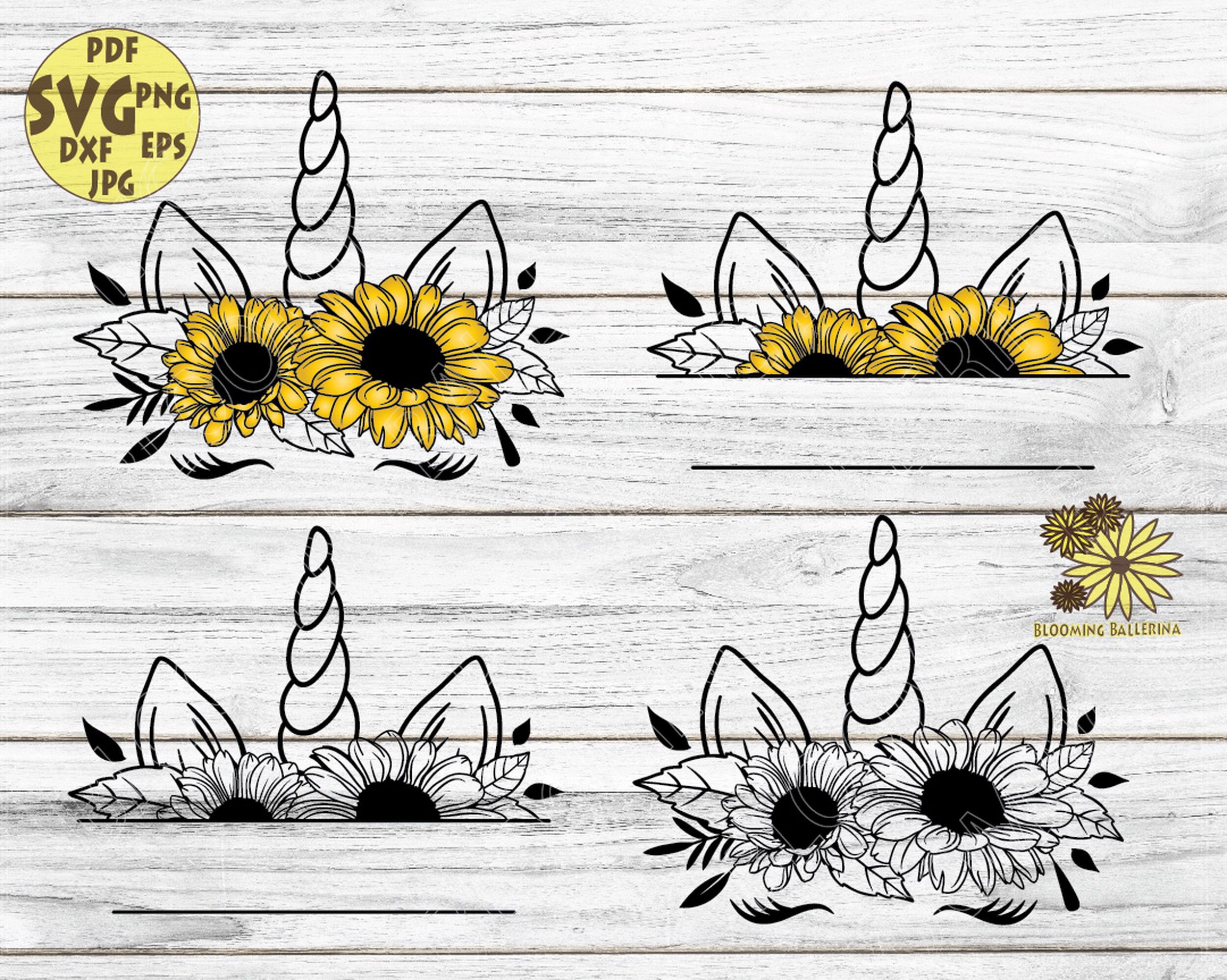 Sunflower Unicorn Face with flowers and leaves svg file | Etsy