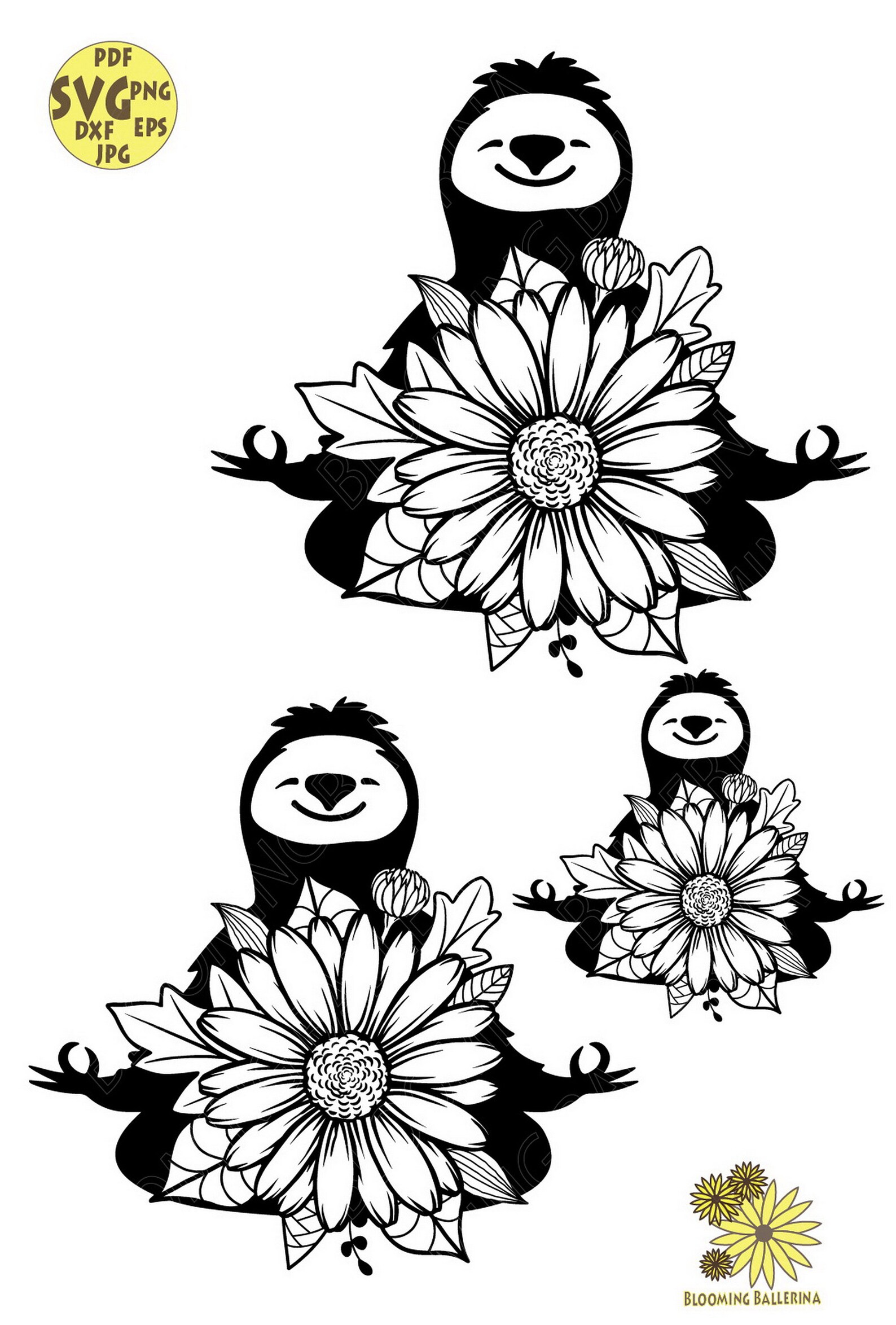 Sloth Svg, Meditation Svg, Floral Svg, Botanical Svg, Daisy Svg, Forest ...