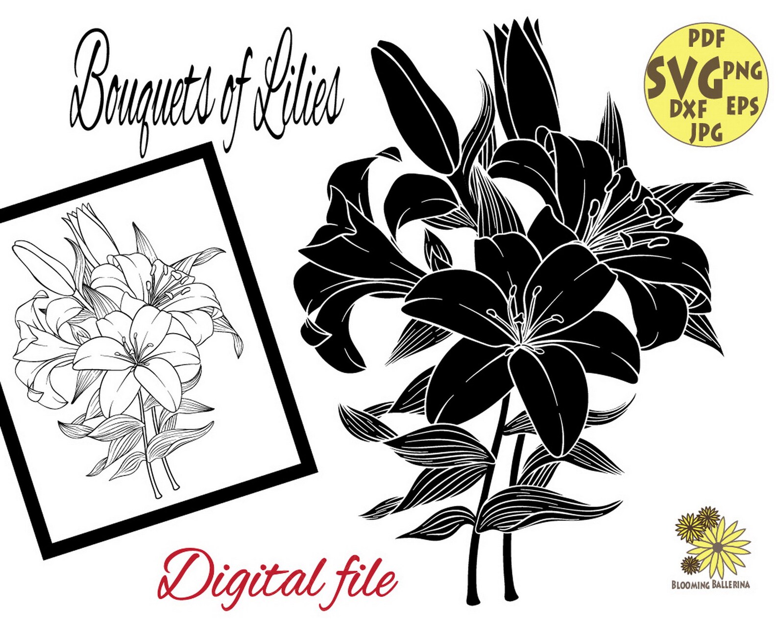 Bouquet With Lily Flower and Leaves Svg, Flower Bouquet Svg, Lily Svg ...